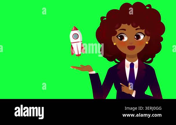 Afro businesswoman girl with curly hair holding rocket symbolizing ...