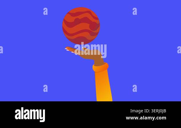 The Red Planet hovering above a woman's hand. Animation of a space ...