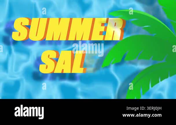 Summer sale text on ocean water. Palm leaves motion tropical promo ...