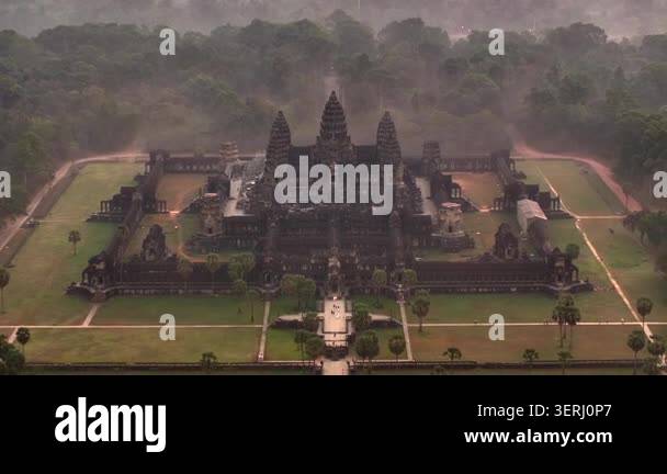 Aerial Drone view of the Majestic Angkor Wat temple complex in cambodia ...