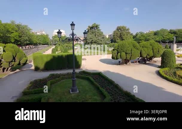 Panoramic view of Retiro Park at dawn on a summers day, Madrid, Spain ...