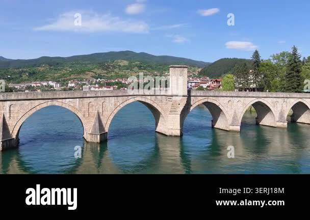 Visegrad, Bosnia and Herzegovina May 30, 2026: Low-angle drone view ...