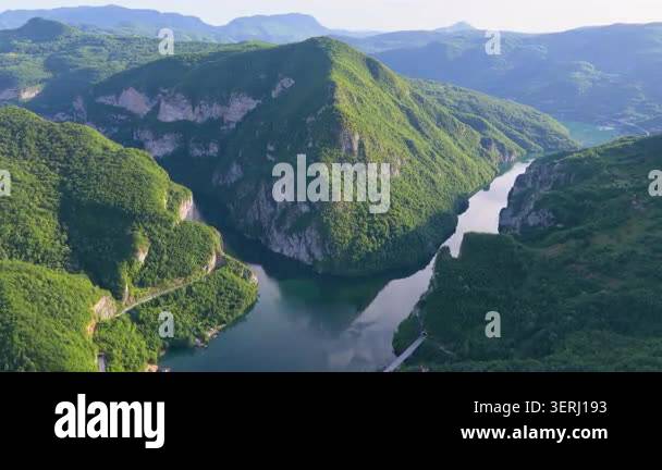 Panoramic drone view of the Drina River canyon with lush green ...