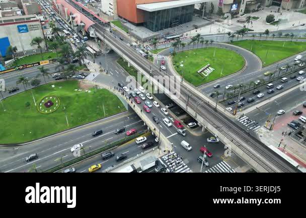 Aerial drone footage of vehicle traffic at the Javier Prado and ...