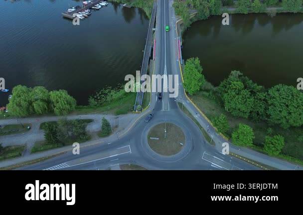 Aerial TopDown View of Bridge, Roundabout and Road Infrastructure Over ...