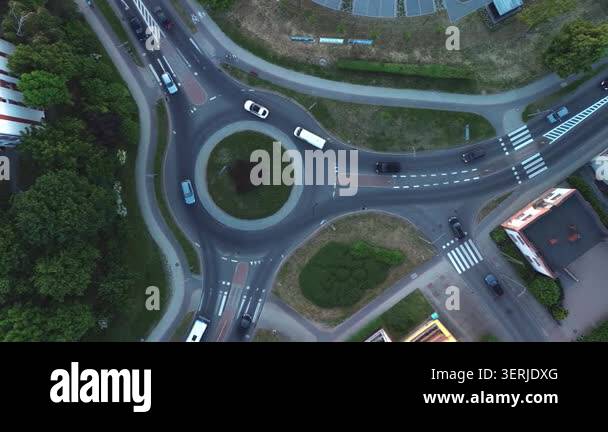 Aerial TopDown View of Bridge, Roundabout and Road Infrastructure Over ...