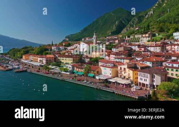 Aerial view of picturesque Limone sul Garda on Lake Garda with summer ...