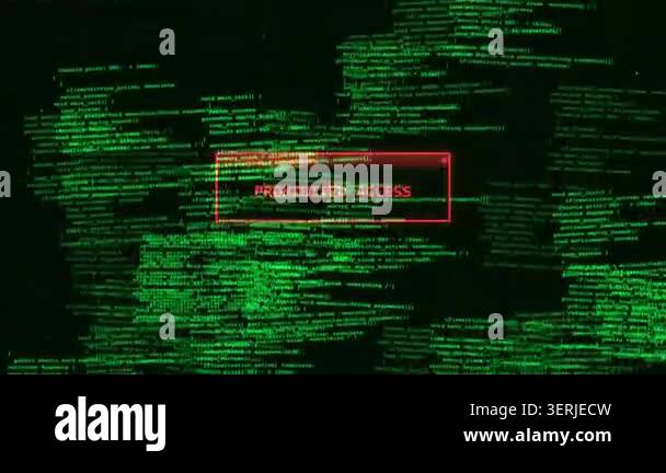 hacking in progress Digital screen with green code and red prohibited ...