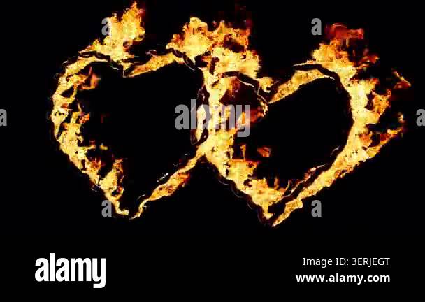 Two flaming hearts burning against black background. Romantic love ...