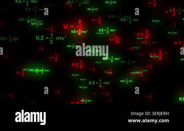 4K animation of glowing red and green physics and mathematics formulas ...