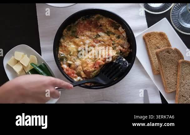 woman hand putting traditional turkish breakfast ot lunch food named ...