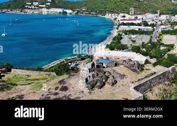 Aerial view of the historic Fort Louis ruins located on the French side ...