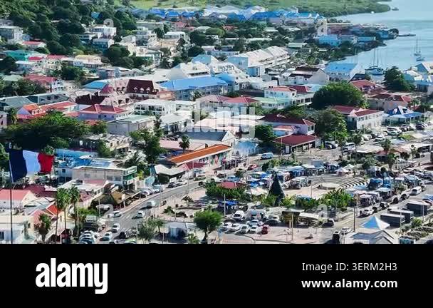 Aerial view of Marigot town and the scenic bay on the French side of ...