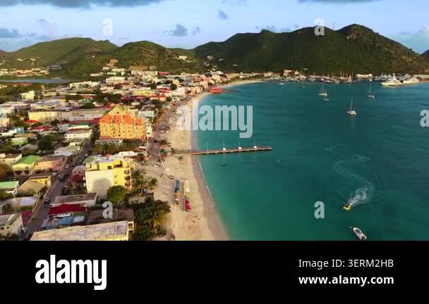 Aerial view of Great Bay beach and Philipsburg town on the Dutch side ...