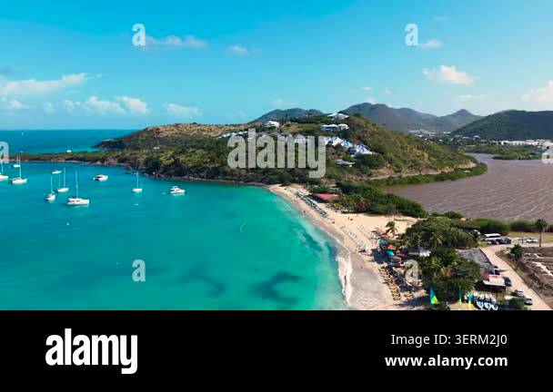 Aerial view of Friar's Bay and Etang Guichard salt pond on the French ...
