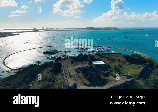 Drone view of Fort Louis historic ruins located on the French side of ...