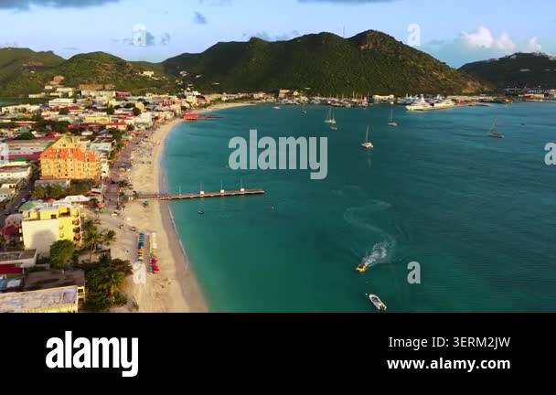Aerial view of Great Bay beach and Philipsburg town on the Dutch side ...