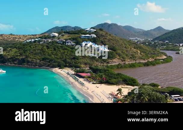 Aerial view of Friar's Bay and Etang Guichard salt pond on the French ...