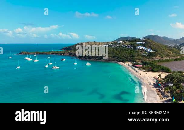 Aerial view of Friar's Bay and Etang Guichard salt pond on the French ...