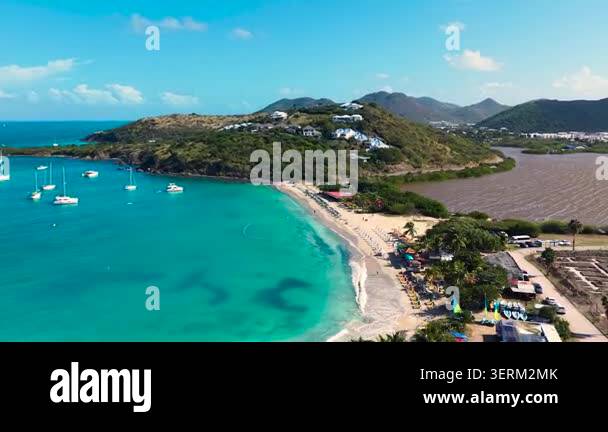 Aerial view of Friar's Bay and Etang Guichard salt pond on the French ...