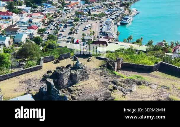 Drone view of Fort Louis historic ruins on the French side of Saint ...