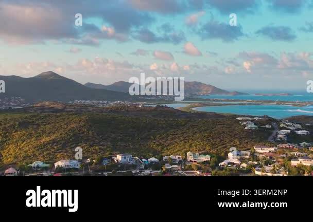 Drone aerial view of Oyster Pond bay on the border of Sint Maarten and ...