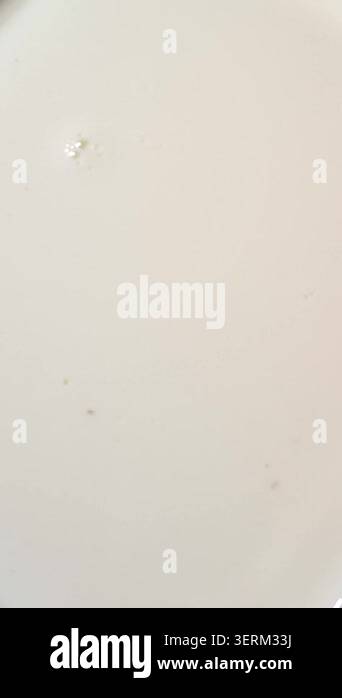 Close-up view of a fresh ripe strawberry falling into thick white milk ...