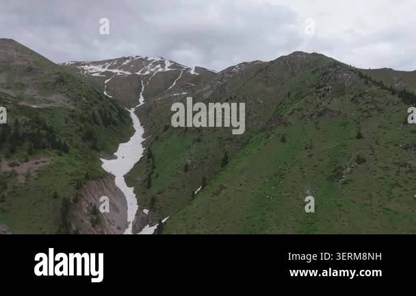 Scenic view of snow-capped mountains with lush green valleys and a ...
