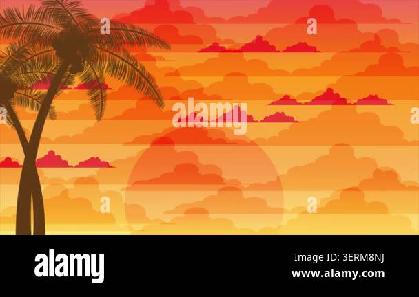 Coconut Palm Tree Silhouette on the Left Side with Orange and Red ...