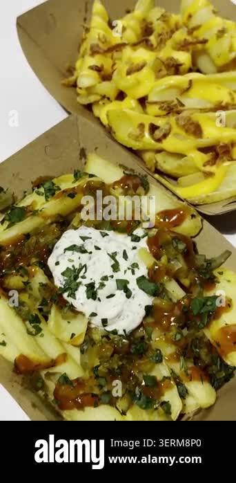 Top down view of various loaded french fries with cheese, bacon, sour ...