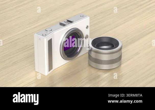 Mirrorless camera and zoom lens on a wooden desk Stock Video Footage ...