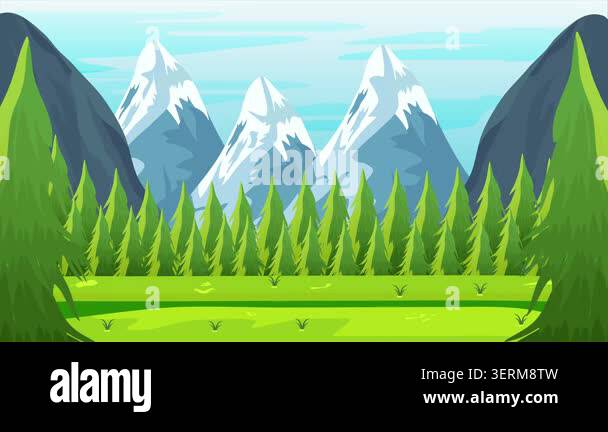 bright green pine trees along the foreground with towering dark blue ...