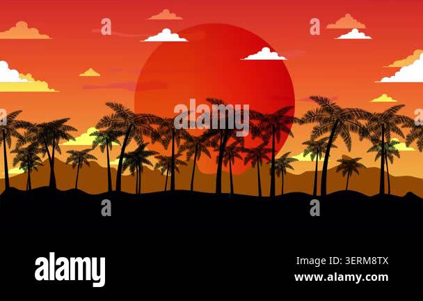 Coconut Palm Tree Silhouette on the Left Side with Orange and Red ...