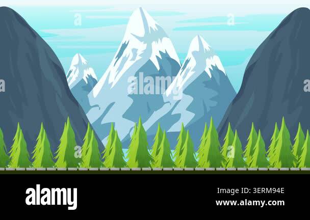 bright green pine trees along the foreground with towering dark blue ...