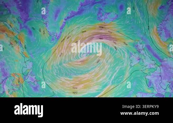 Computer screen view with visible pixels showing Atlantic storm system ...