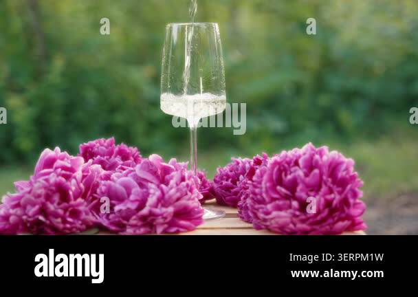 Glass of white wine among blooming peonies in natural sunlight. Wine ...