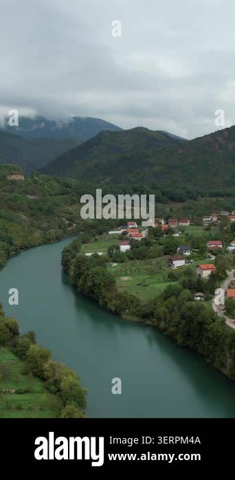 Aerial drone view of the river Neretva flowing through the canyon, the ...