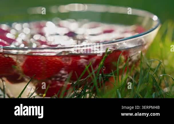Fresh ripe strawberries rotating in crystal-clear ice water inside ...