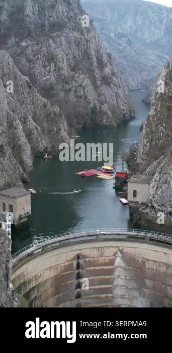 Drone view of dam and building on Treska River passing through Matka ...