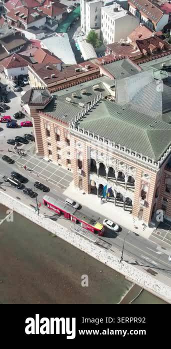 National library of sarajevo, aerial drone view of historical old town ...