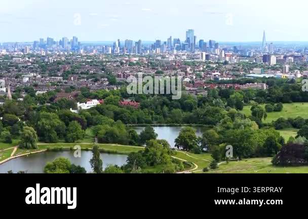Hampstead Heath Swimming Ponds and London Skyline Aerial 4K Stock Video ...