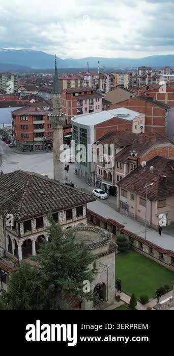 Drone view of the painted mosque in Tetovo city in Macedonia ...