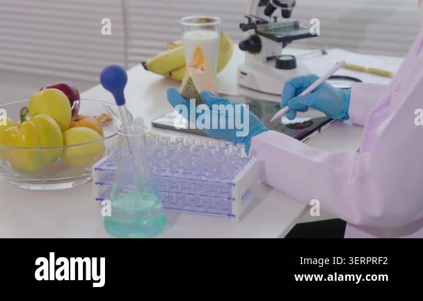 Female food scientist in lab coat looking through microscope, analyzing ...