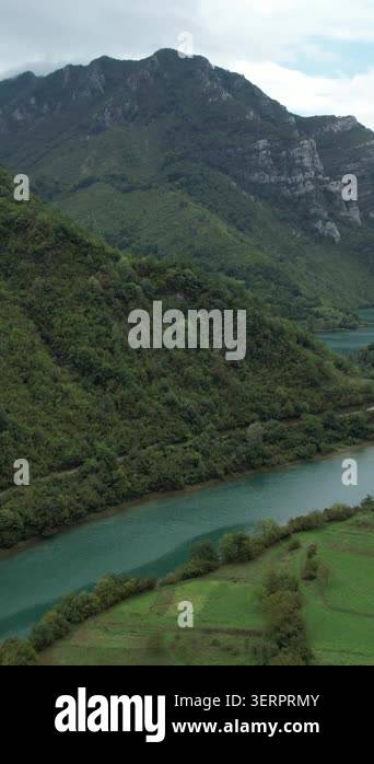 Drone view of fertile neretva river flowing through green nature ...