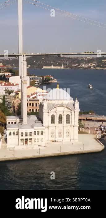 Aerial view of Ortakoy Mosque and Istanbul Bosphorus bridge landscape ...