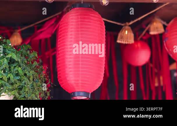 Red paper lantern decorations hanging outdoors with green plant Stock ...