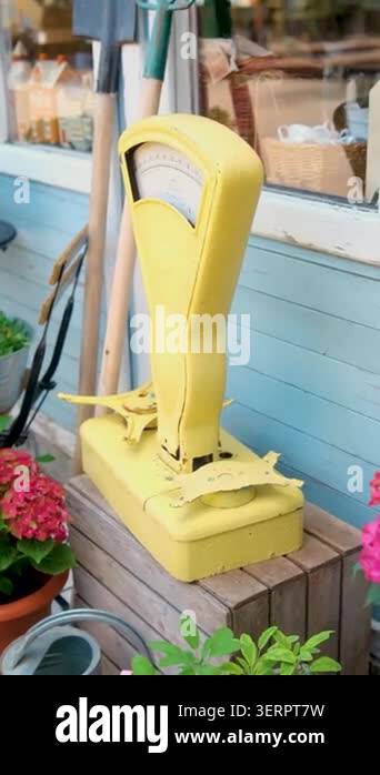 Vintage yellow kitchen scale on wooden crate with garden tools Stock ...