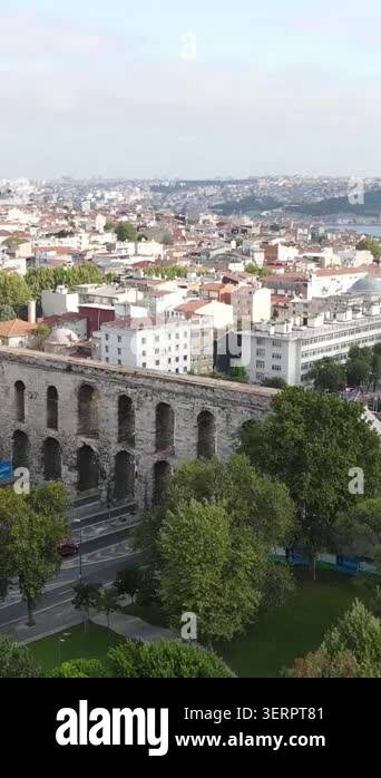Aerial drone view from Valens Aqueduct Bozdogan Kemeri , a Roman ...