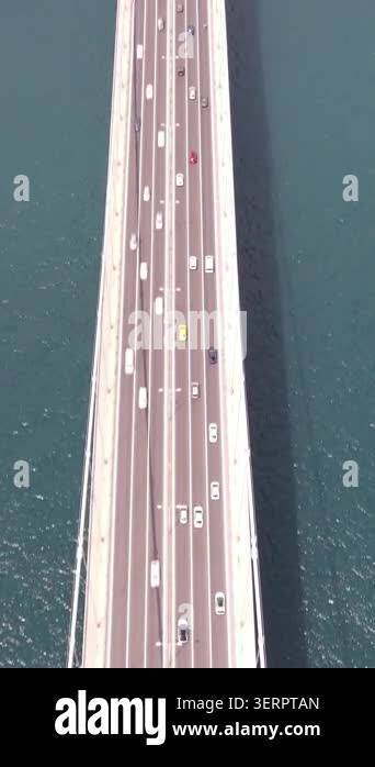 Aerial drone view of the Great Istanbul Bosphorus Bridge, the image of ...