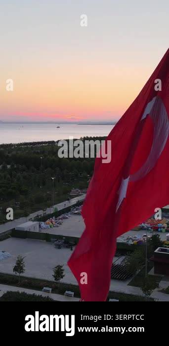 Turkeys national flag-waving, aerial view of the flag planted in the ...